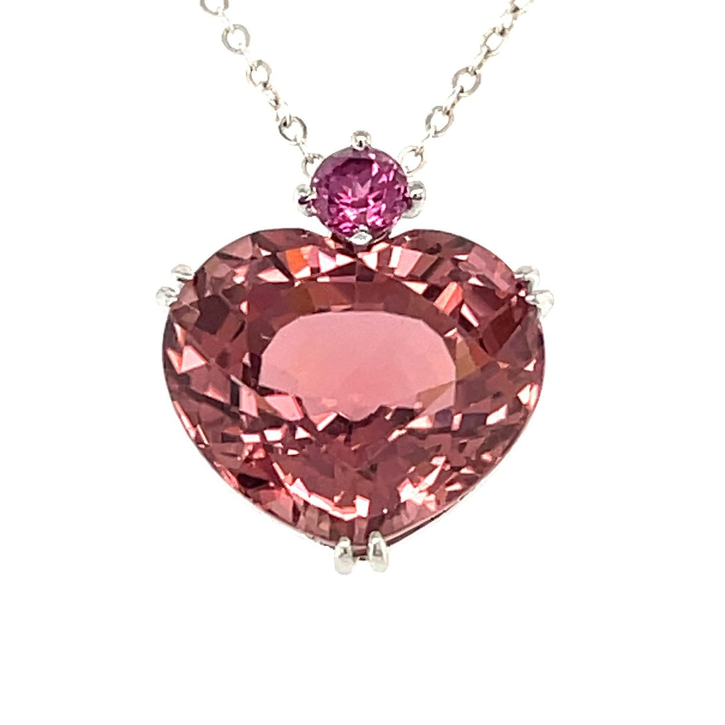 18K White Gold & 8.10ct Pink Tourmaline Heart Pendant w/ Pink Sapphire ...