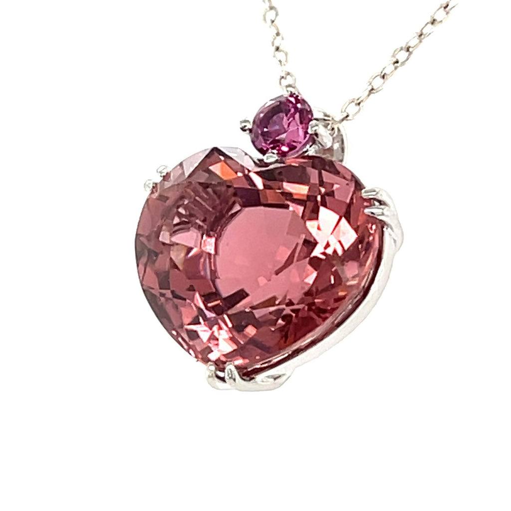 18K White Gold & 8.10ct Pink Tourmaline Heart Pendant w/ Pink Sapphire ...