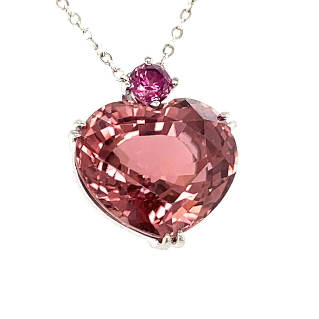 18K White Gold & 8.10ct Pink Tourmaline Heart Pendant w/ Pink Sapphire ...