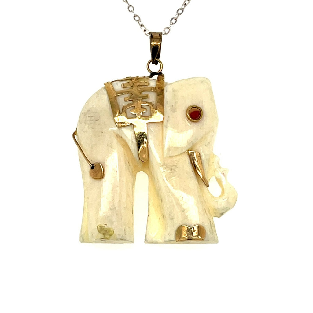 Vintage 14k Yellow Gold & Carved Elephant Pendant w/ Ruby Eye, 1 inch ...
