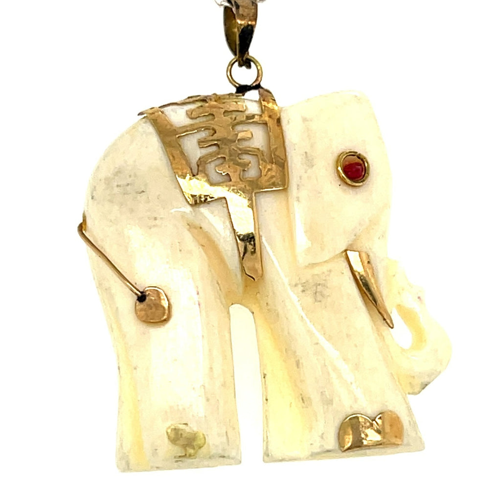 Vintage 14k Yellow Gold & Carved Elephant Pendant w/ Ruby Eye, 1 inch ...