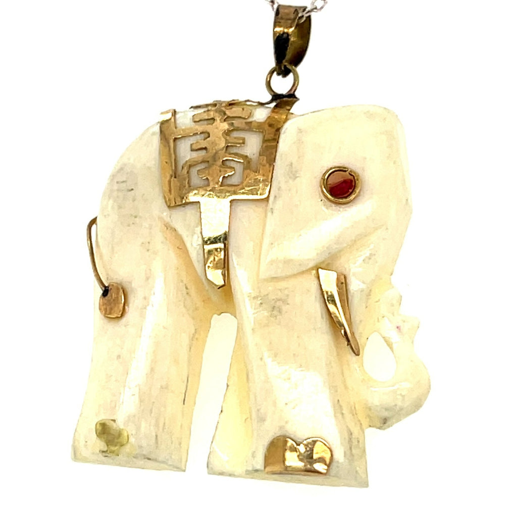 Vintage 14k Yellow Gold & Carved Elephant Pendant w/ Ruby Eye, 1 inch ...