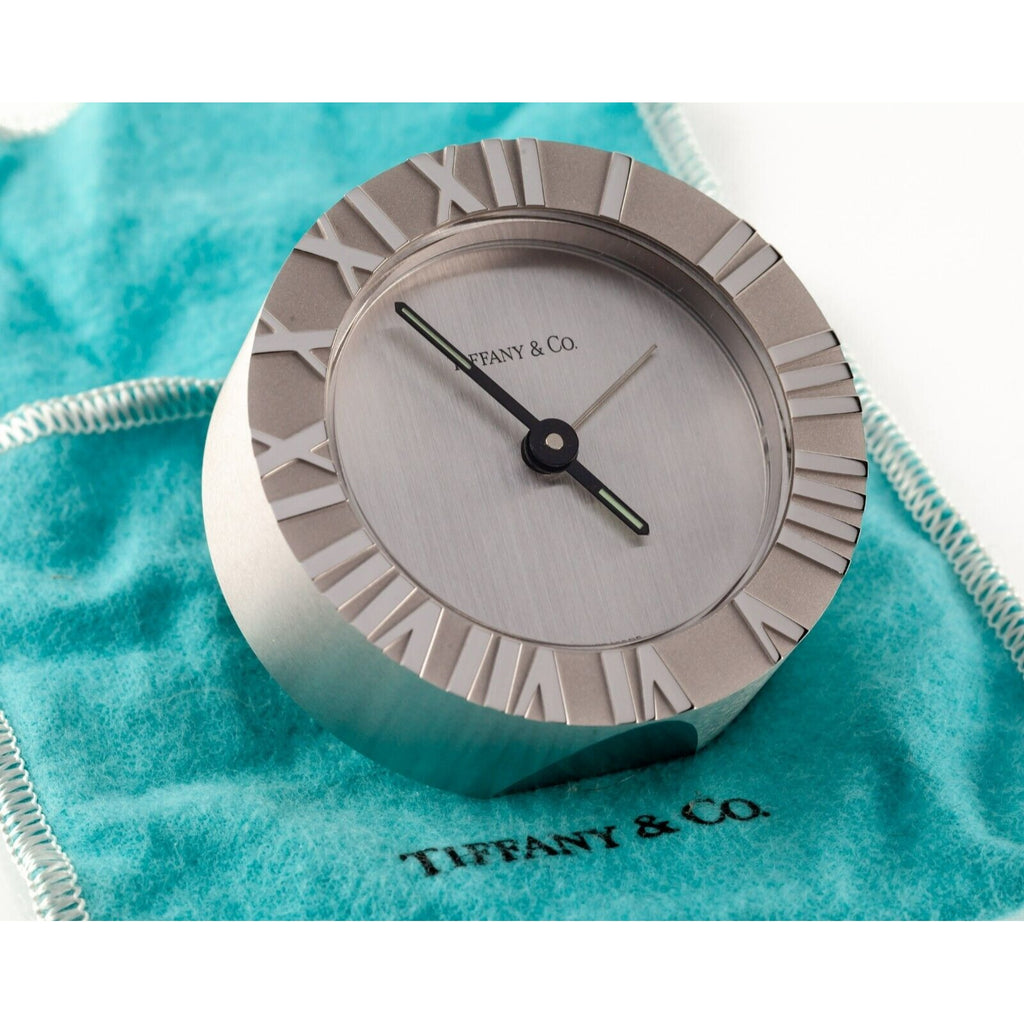 Tiffany & Co. Steel Atlas Quartz Alarm Clock w/ Box, Pouch, and Papers ...
